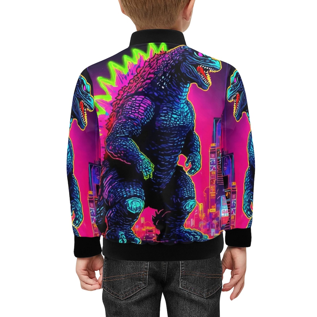 Kids Bomber Jacket With Pockets Godzilla Gojira Kaiju Neon Retro Art ...