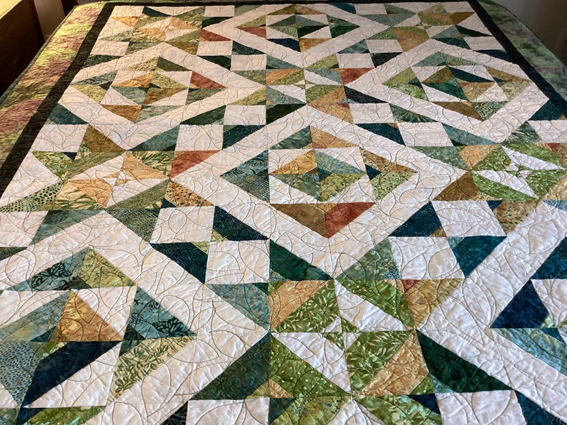 Pleasant Batik Lap Size Quilt in Shades of Green, Gold and Brown ...