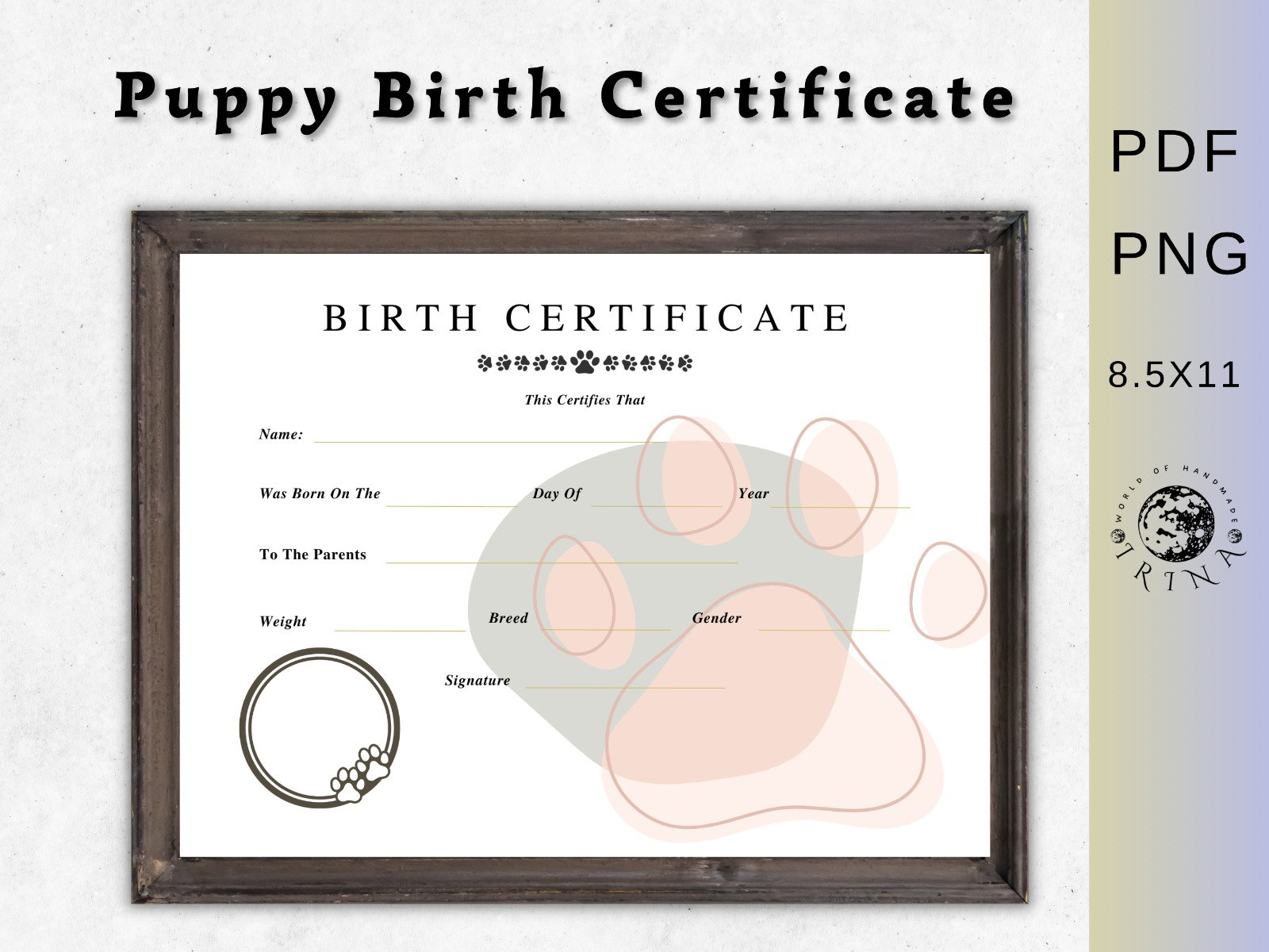 Puppy Birth Certificate Printable Dog Birth Pet Certificate,dog Owner ...