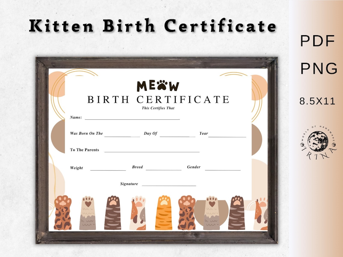 Kitten Birth Certificate Printable Cat Birth Pet Certificate,cat Owner ...