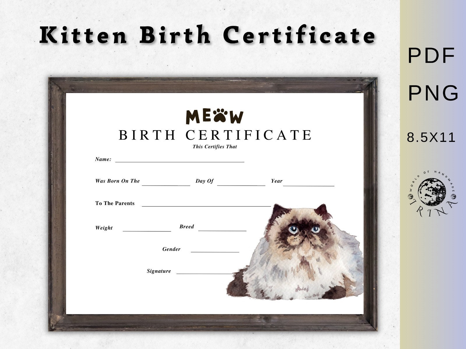 Kitten Birth Certificate Printable Cat Birth Pet Certificate,dog Owner ...