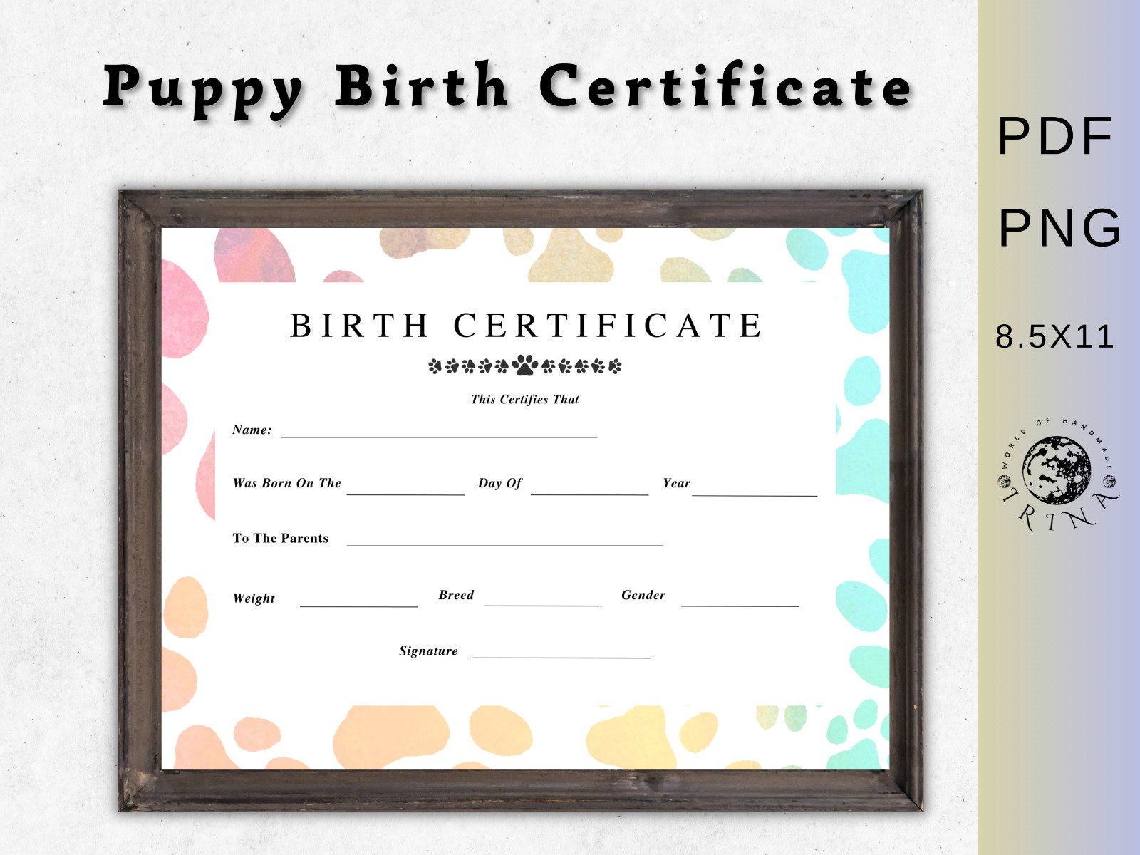 Puppy Birth Certificate Printable Dog Birth Pet Certificate,dog Owner ...