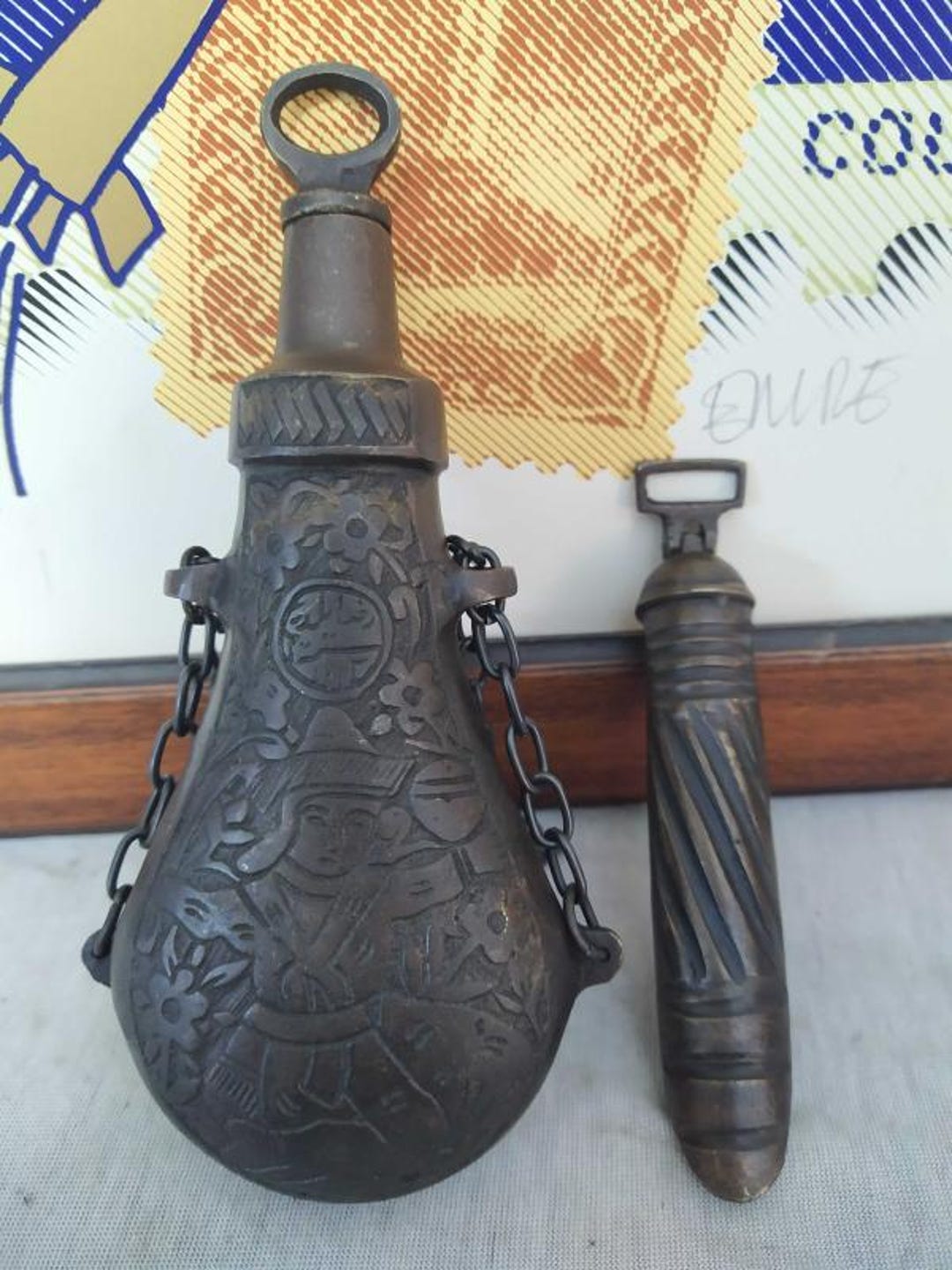Ottoman Antique Style Brass Gun Powder Flask 2 Pcs, Vintage Gunpowder ...
