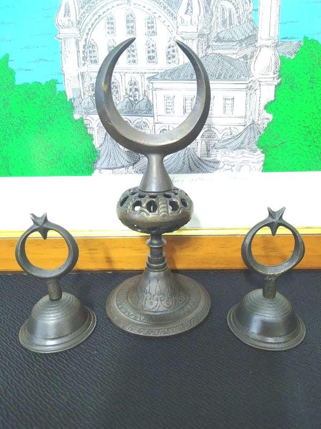 Antique Style Islamic Brass Alam 3 Pcs | Crescent Alem Finial | Ottoman ...