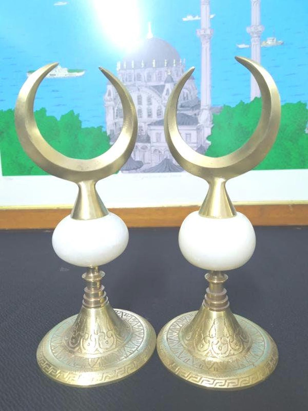 Antique Style Islamic Brass Alam Double, Crescent Alem, Home Decor ...