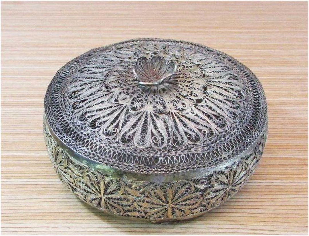 Vintage Copper Box, Filigree Work Handmade Silver Plated Turkish Mardin ...
