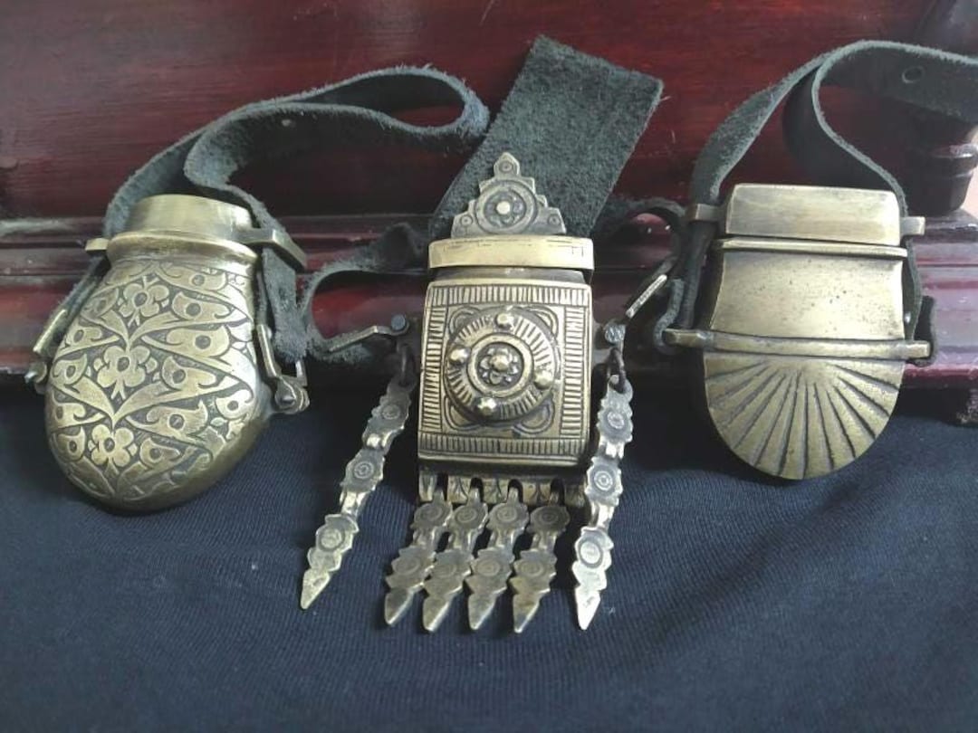 Ottoman Antique Style Brass Gun Powder Flask 3 Pcs, Vintage Gunpowder ...