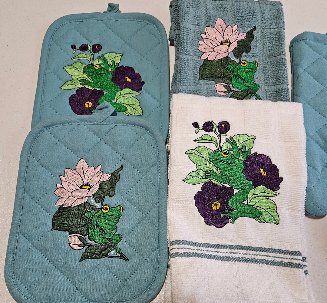 Frog Embroidered Kitchen Set 5 Pieces Oven Mit, Pot Holders, Hand ...