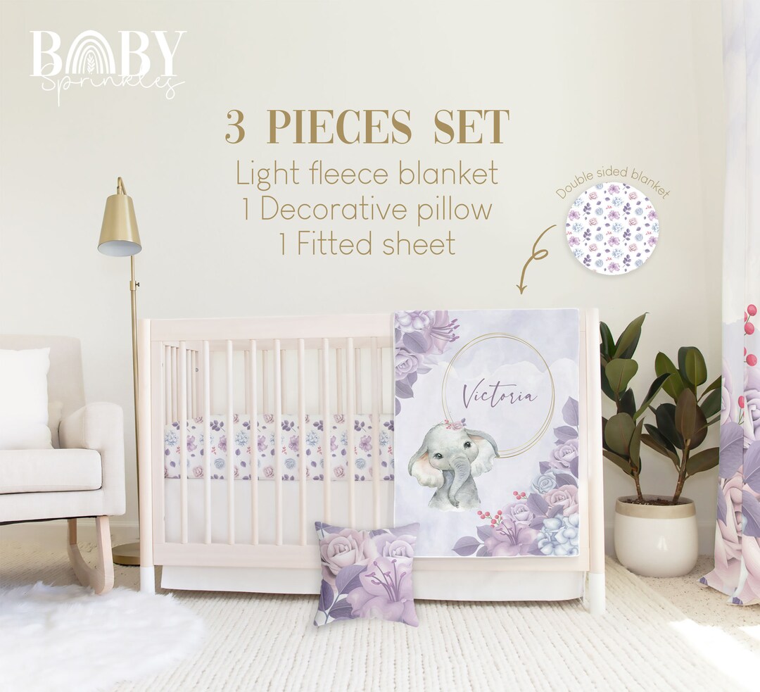 Lilac Floral Elephant Baby Crib Bedding Set: Fleece Blanket & Pillow - Etsy