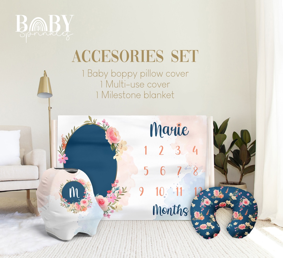 NAVY BLUE FLORAL Girl Accesories Set, Floral Baby Milestone Blanket ...