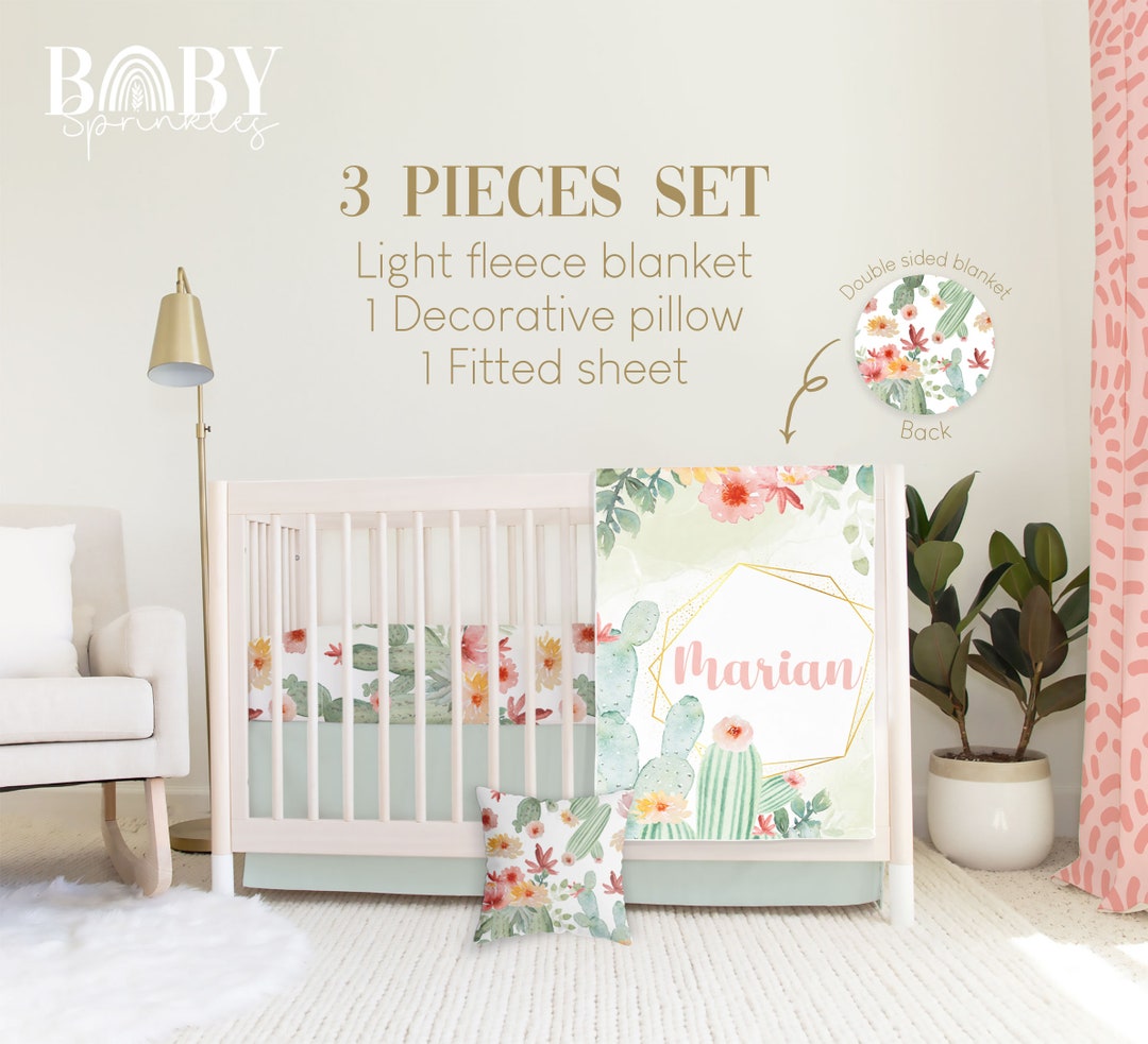Cactus Floral Baby Crib Bedding Set: Fleece Blanket & Pillow - Etsy