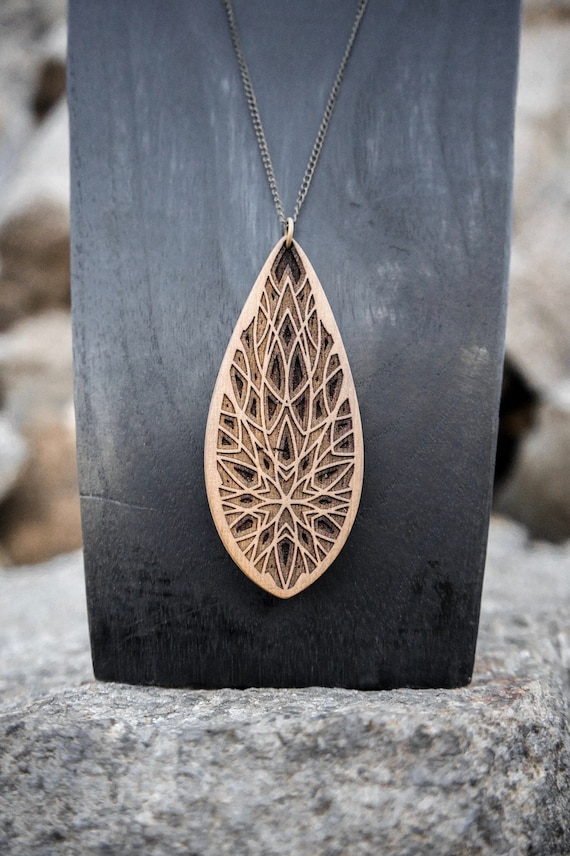 Recycled Olive Wood Pendant Laser Engraved Mandala Pattern Light and Minimalist Jewelry Organic Linen Oil Finish Etsy