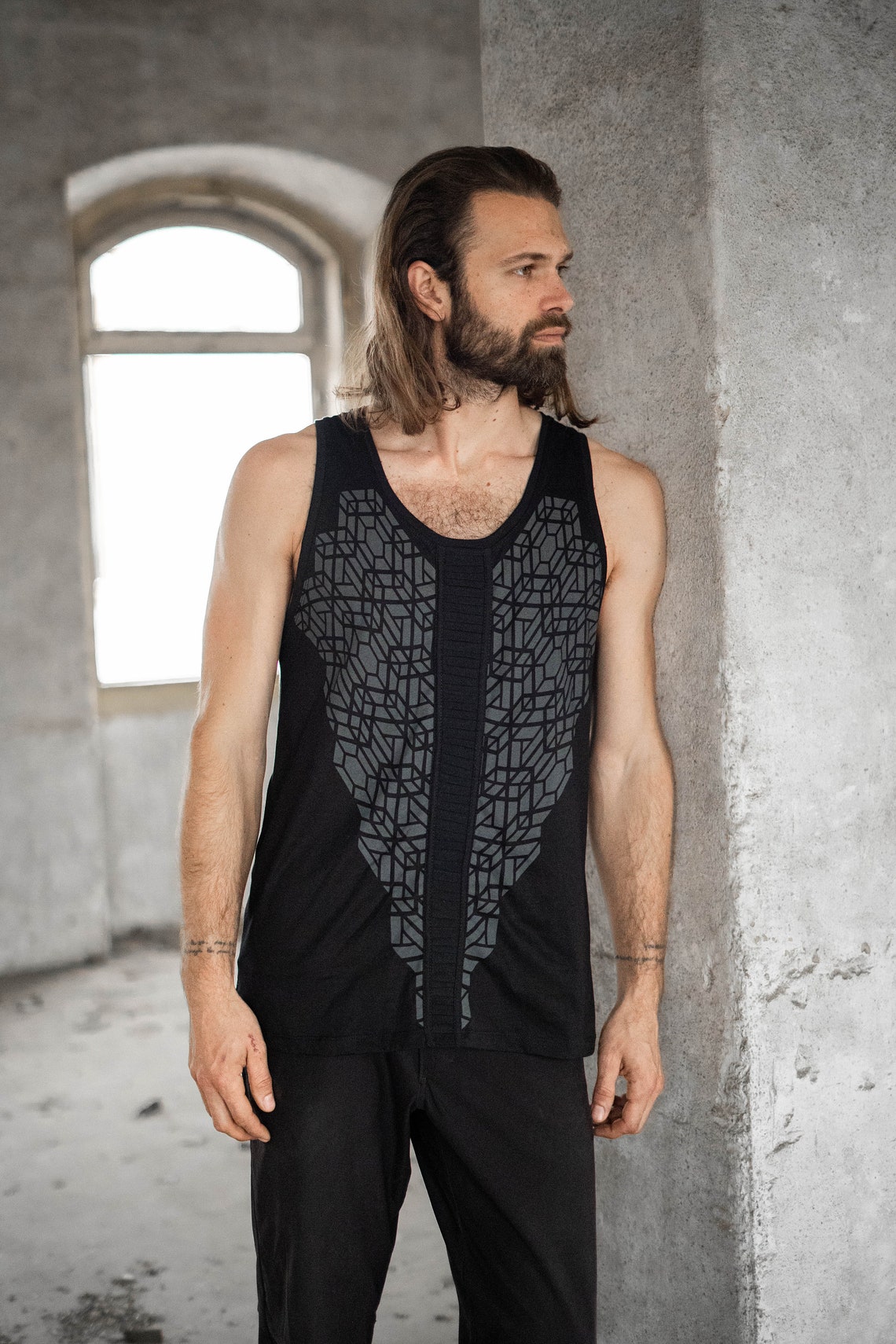 Black Singlet for Men Alternative Tank Top Festival Clothing Geometric ...