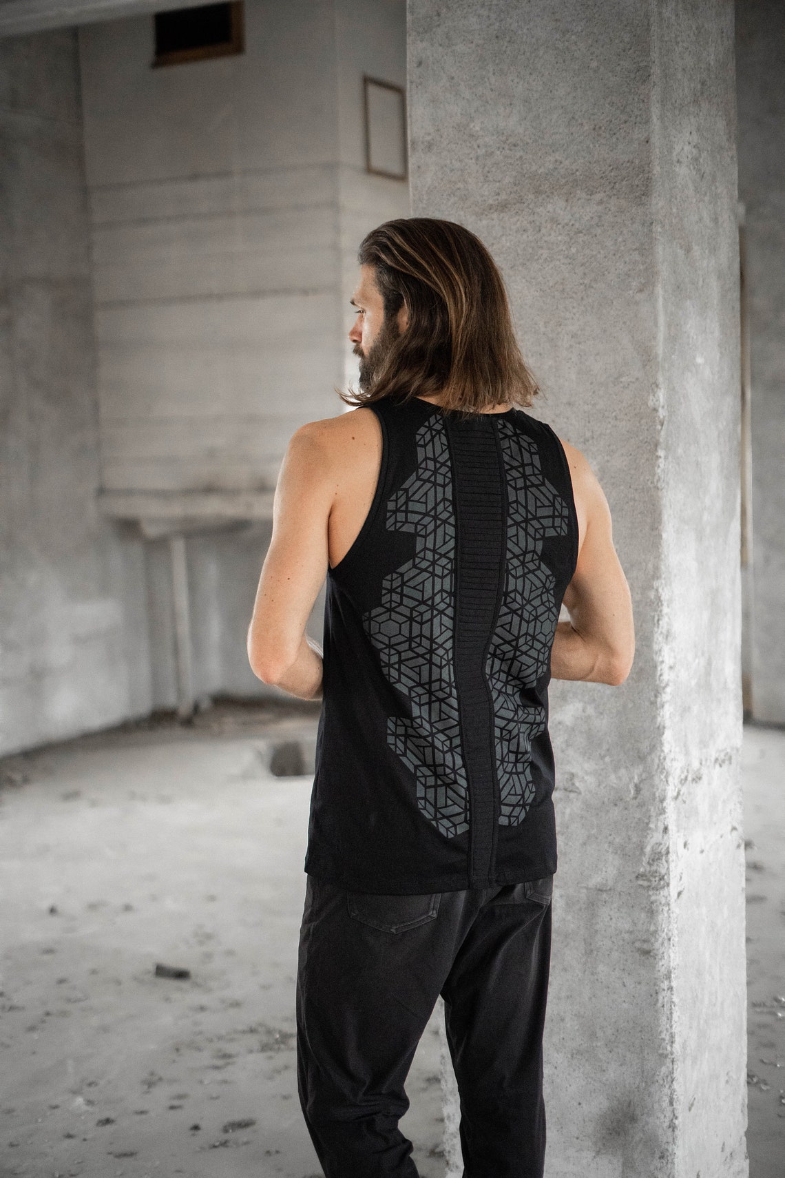 Black Singlet for Men Alternative Tank Top Festival Clothing Geometric ...