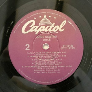 Juice Newton Capitol Records ST-12136 Original Inner Sleeve Near Mint ...