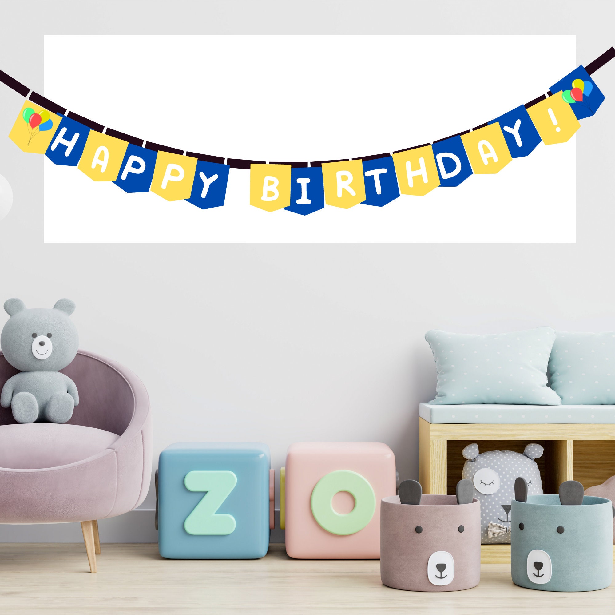 Printable Happy Birthday Banner- Blue and Yellow Party With Balloons ...