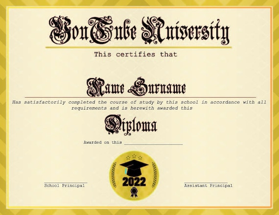 Fake Youtube University Diploma. Digital Download Funny Fake - Etsy