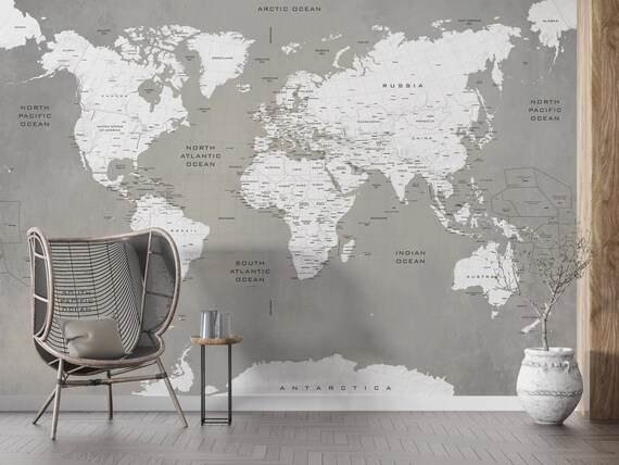 World Map Wallpaper Gray Map Wall Mural Peel and Stick | Etsy