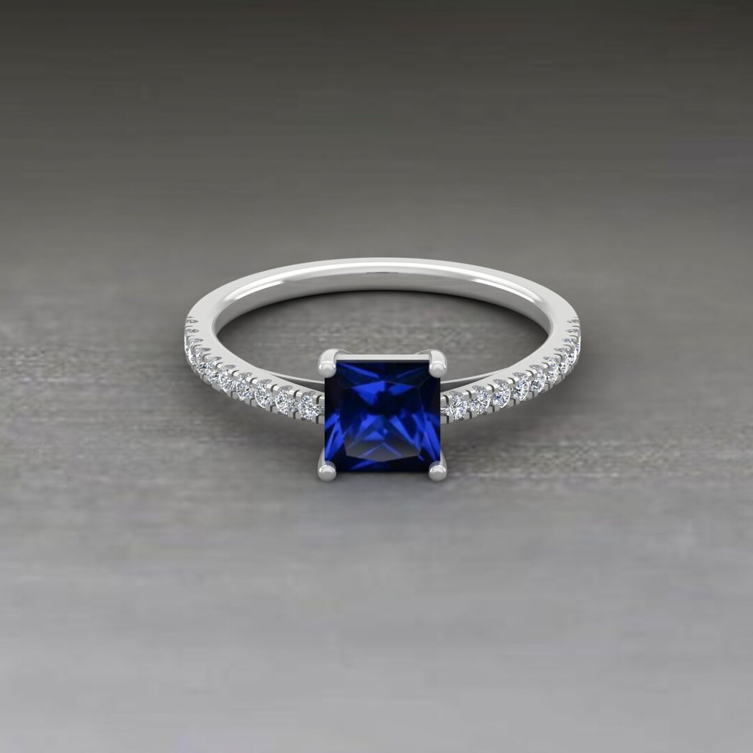 Sapphire Engagement Silver Ring Princess Cut Blue Gemstone - Etsy