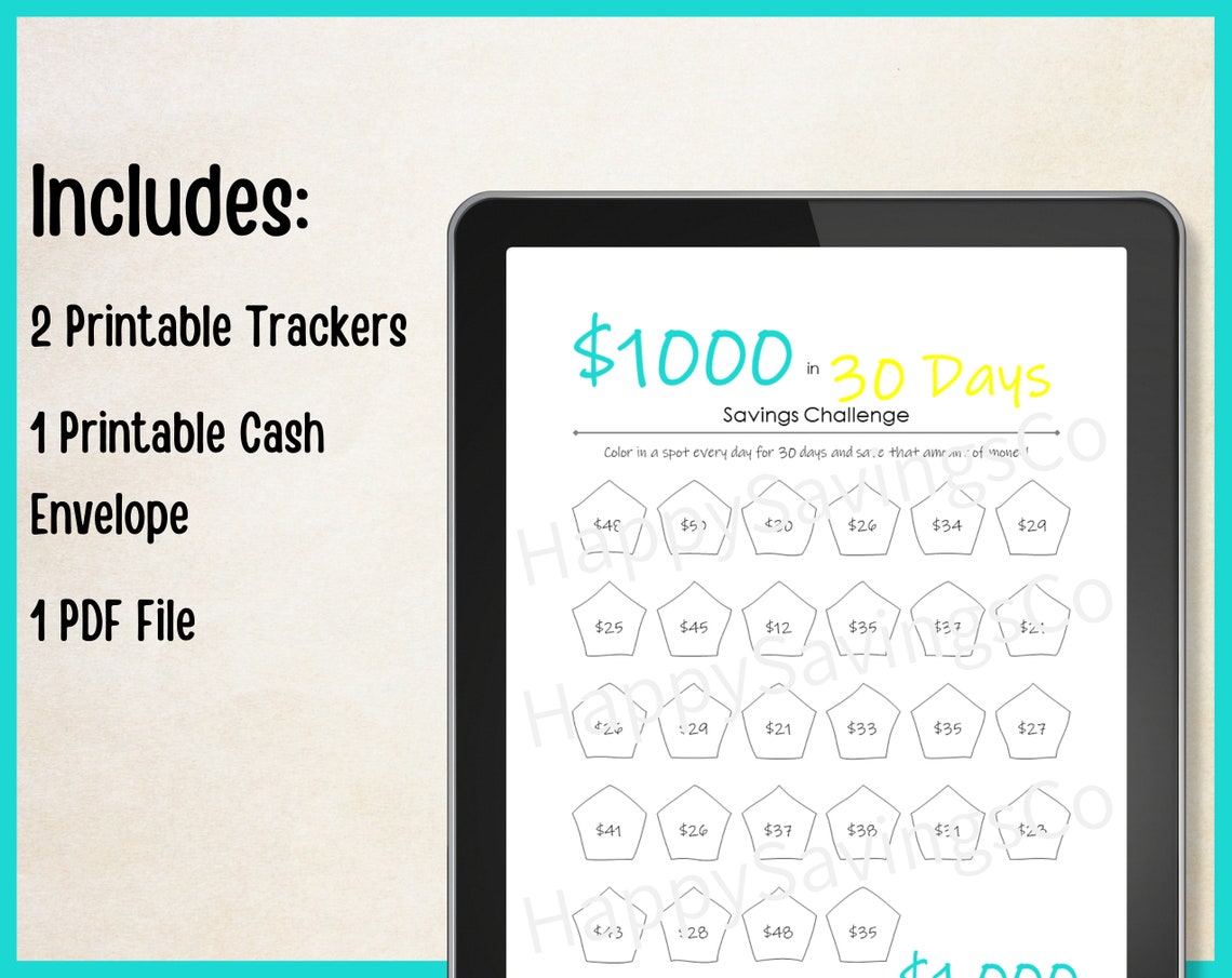 1000 in 30 Days Money Saving Challenge Printable Savings - Etsy Canada