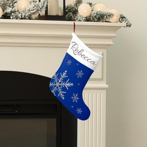 Personalized Blue Christmas Stocking, Custom Snowflake Blue Christmas ...
