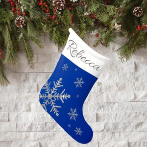 Personalized Blue Christmas Stocking, Custom Snowflake Blue Christmas ...