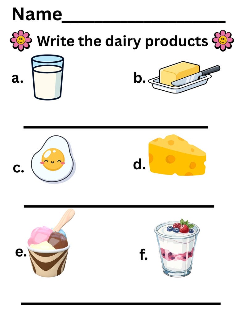 One Page (PDF) Watercolor, Write the Dairy Products Worksheet, Instant ...