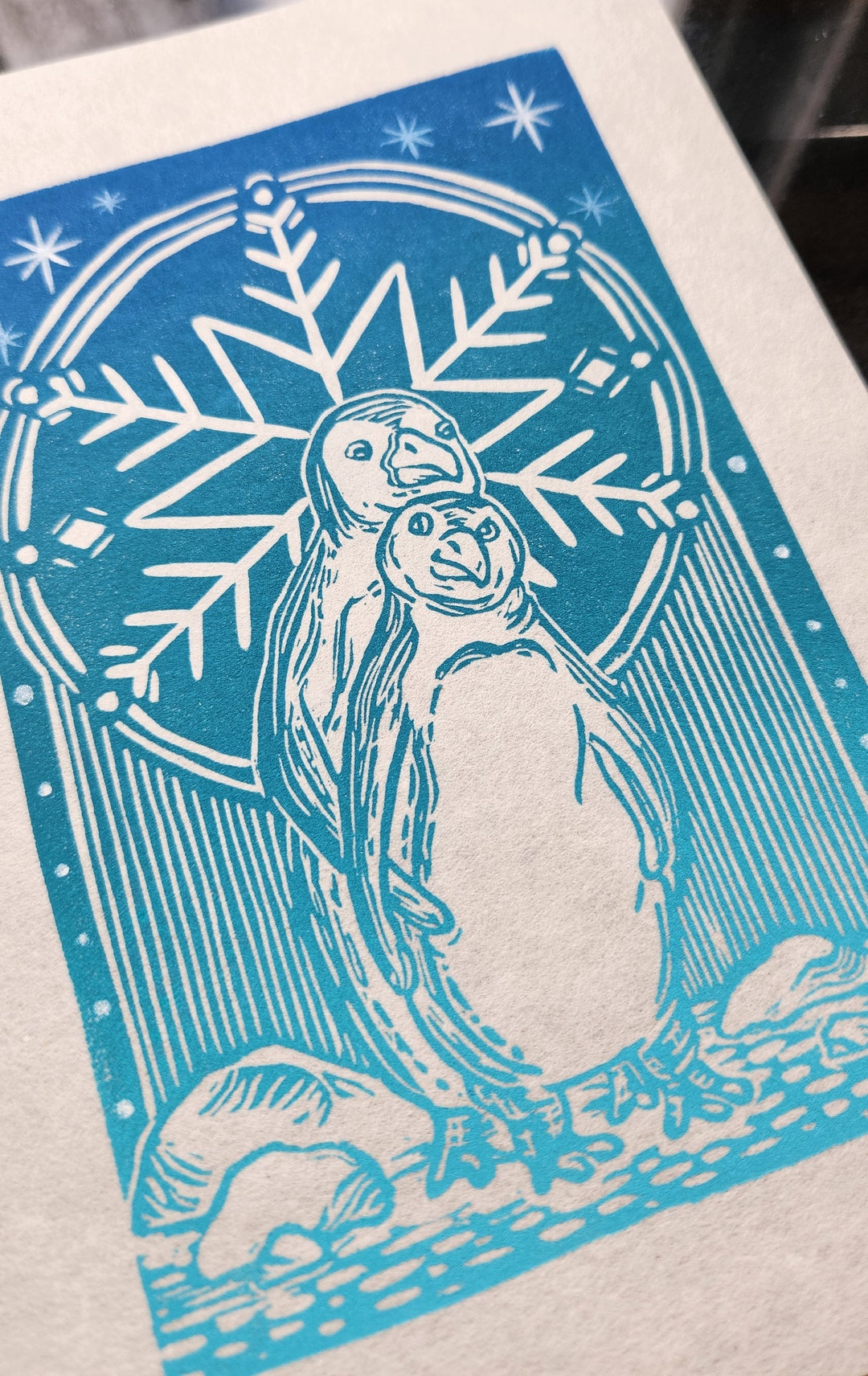 Cuddling Penguins, 5x7" Handpressed Linocut Print - Etsy