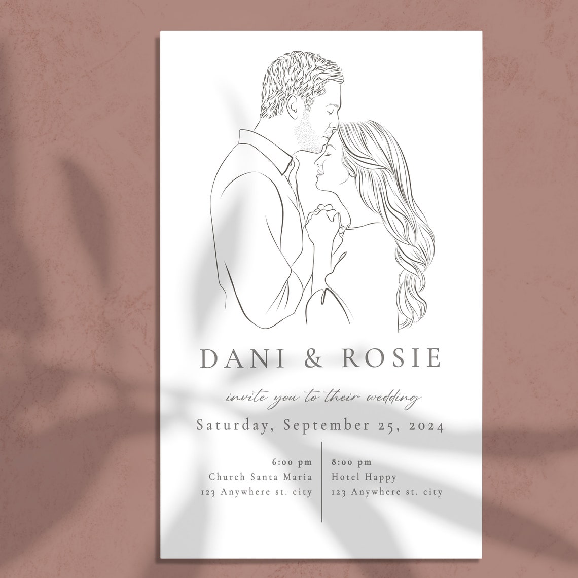 Elegant Wedding Invitation, Line Art Portrait Couple, Custom Wedding ...