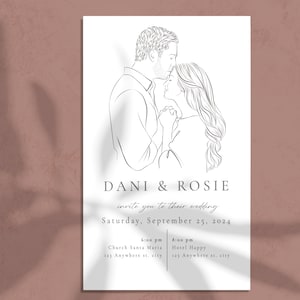 Elegant Wedding Invitation, Line Art Portrait Couple, Custom Wedding ...