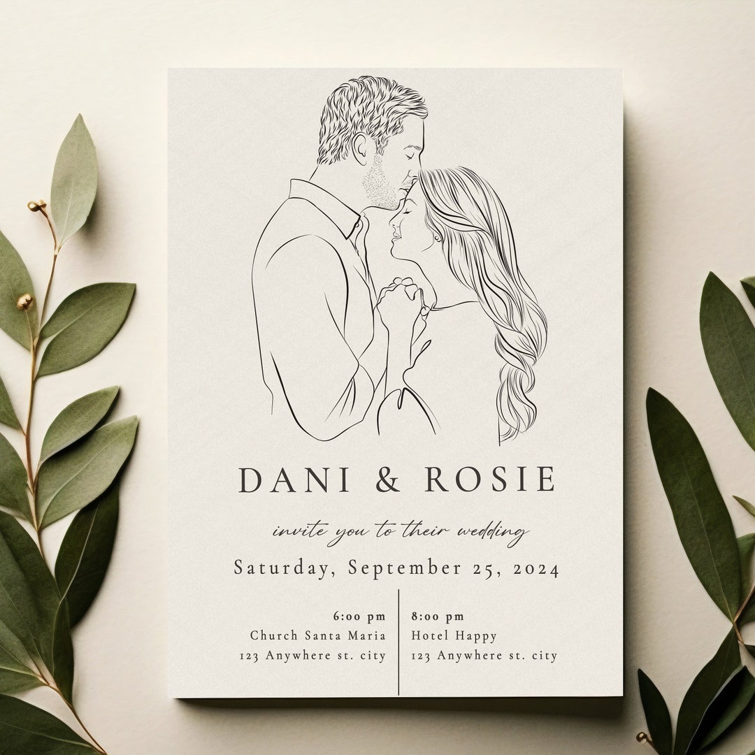 Elegant Wedding Invitation, Line Art Portrait Couple, Custom Wedding ...