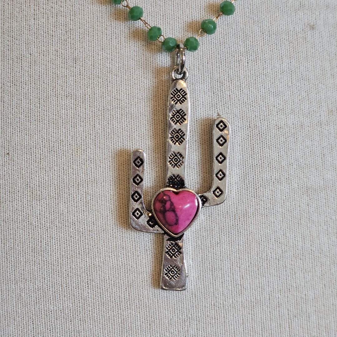 Western Desert Saguaro Cactus Necklace With Green Jeweled Chain - Etsy
