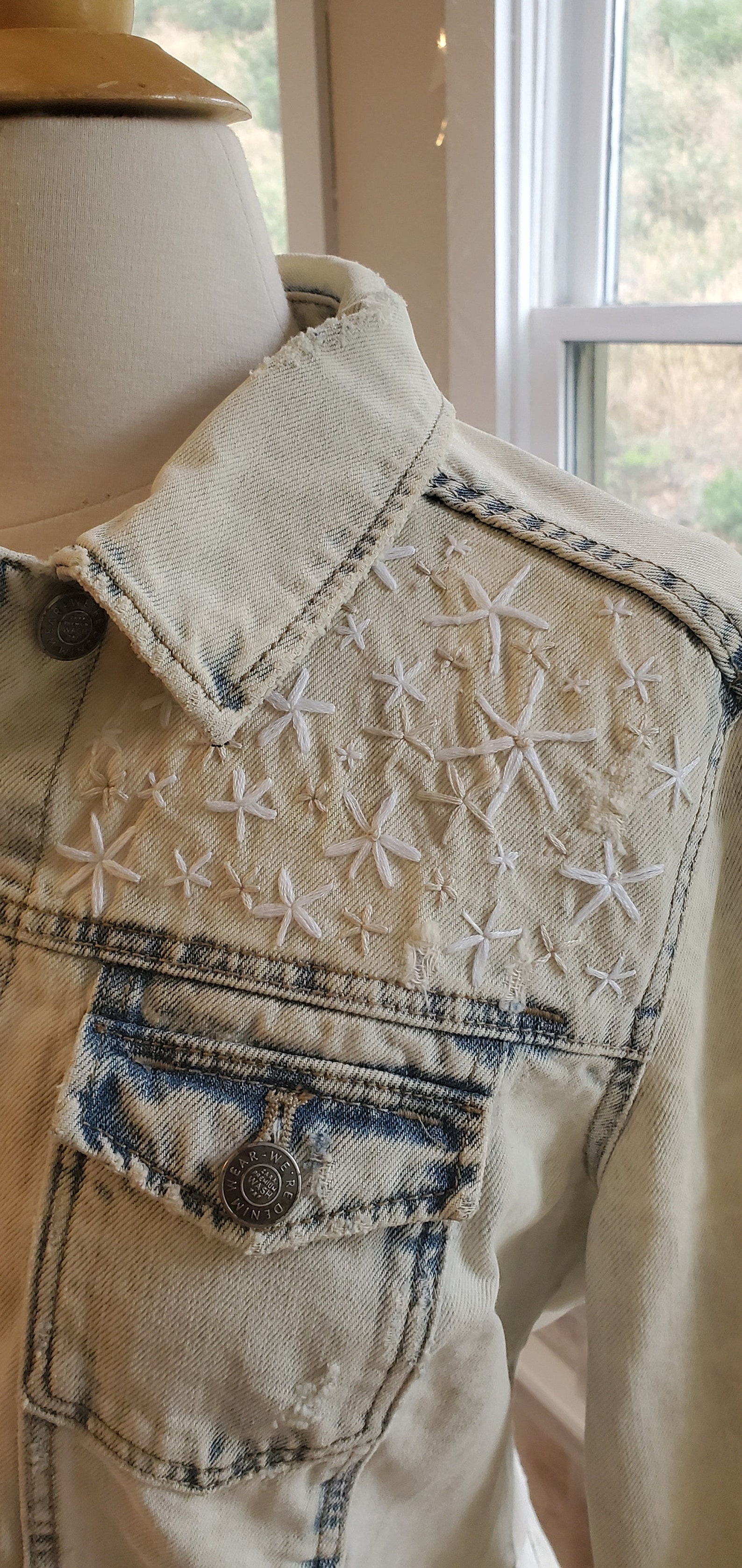 Hand Embroidered Upcycled White Jean Jacket Frafalue Size Large Lacy ...