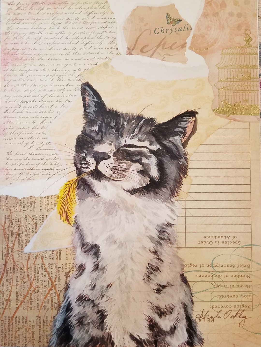 Mixed Media Collage Kitty Cat Painting - Etsy