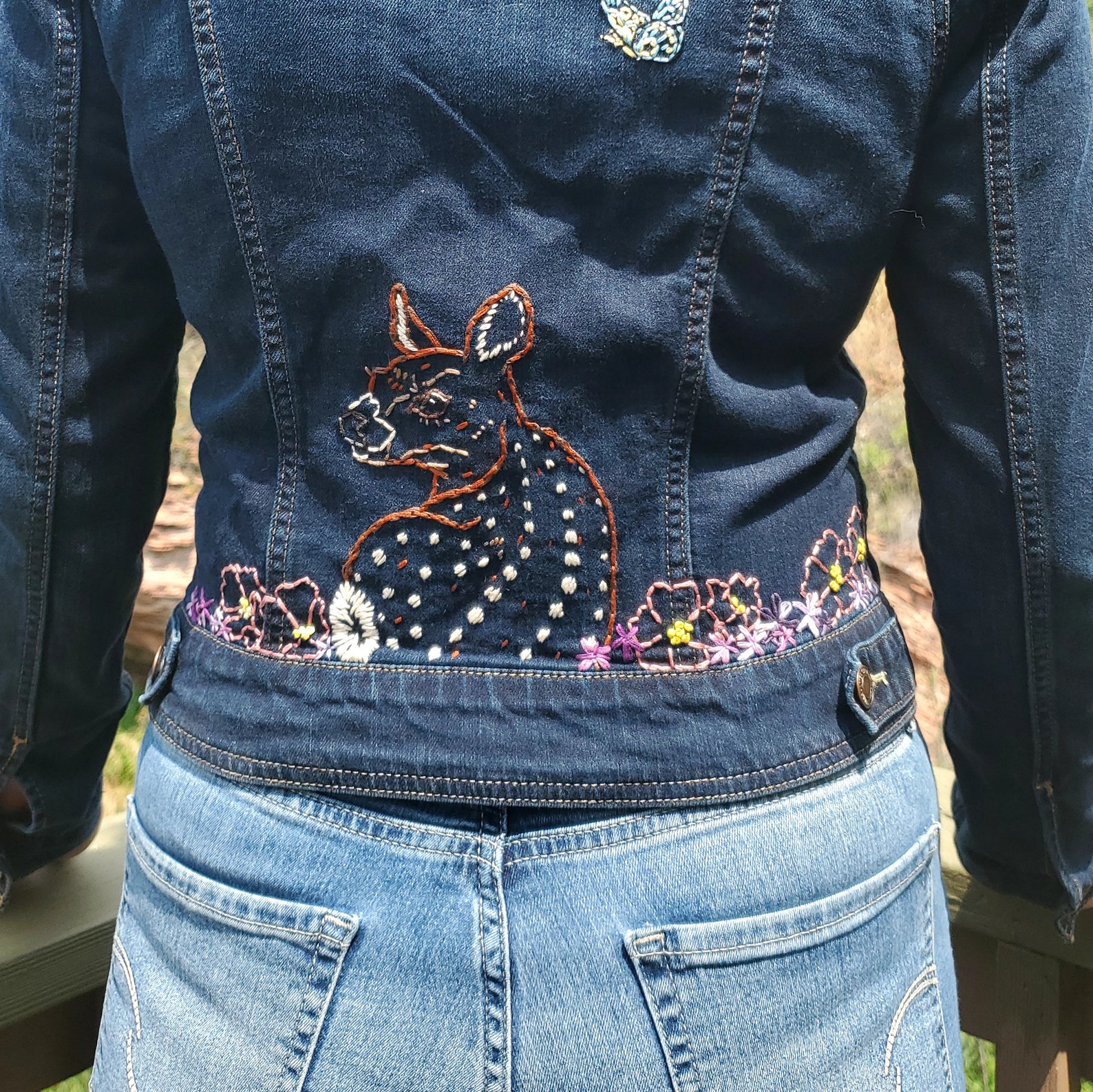 Hand Embroidered Fawn Deer Jean Jacket Wearable Art Medium - Etsy