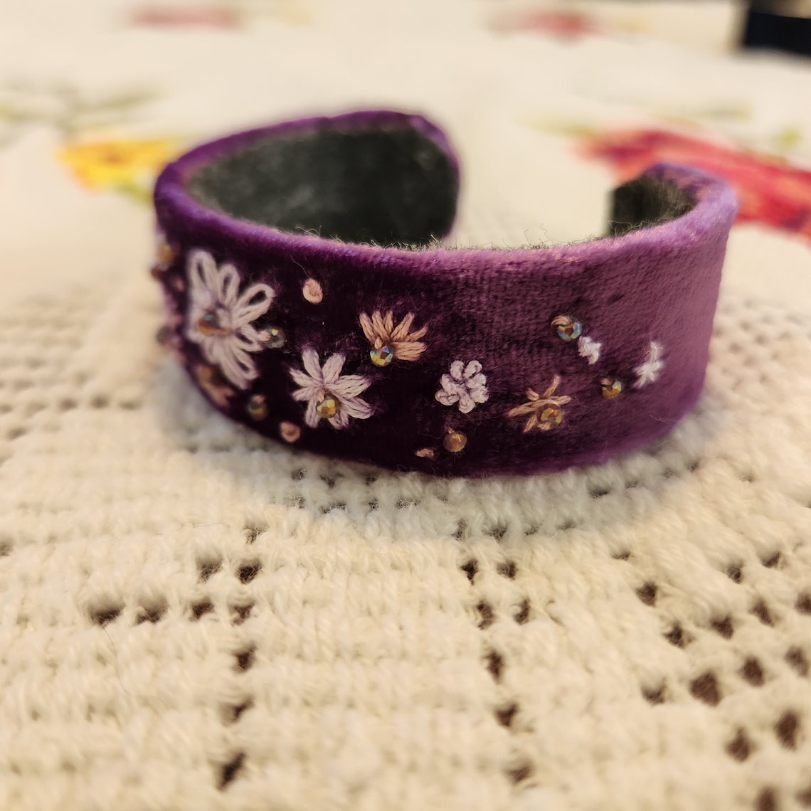 Hand Embroidered Bracelet Cuff Flowers on Purple Silk Velvet With ...