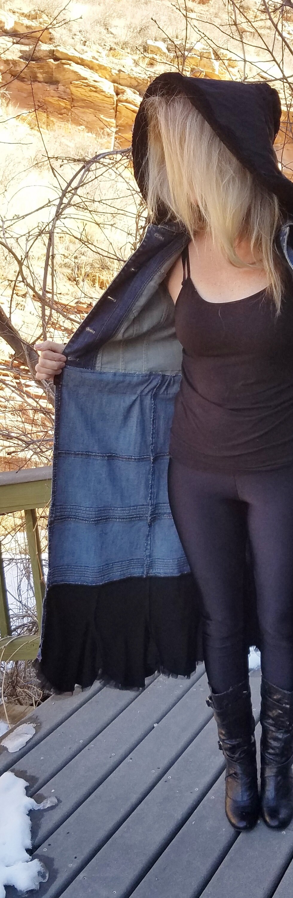 Hooded Blue Jean Jacket Long Duster, Gothic Victorian Steampunk Style ...