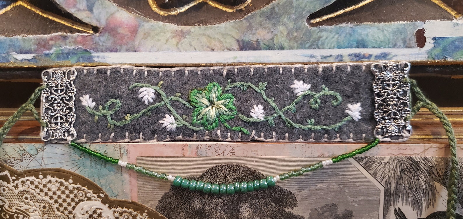 Hand Embroidered Beaded Strand Bracelet Shamrock Luck of the Irish ...