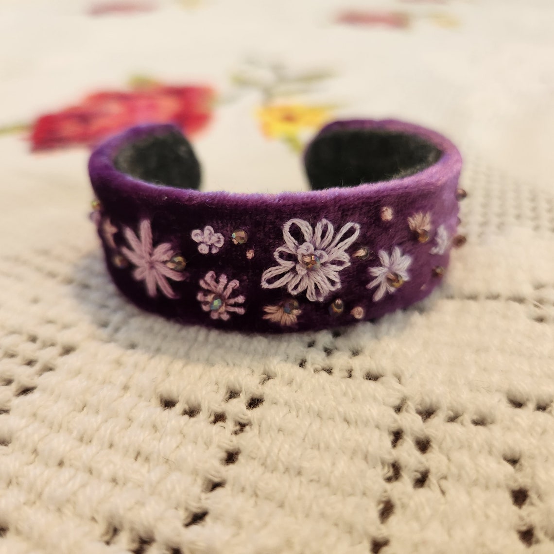 Hand Embroidered Bracelet Cuff Flowers on Purple Silk Velvet With ...