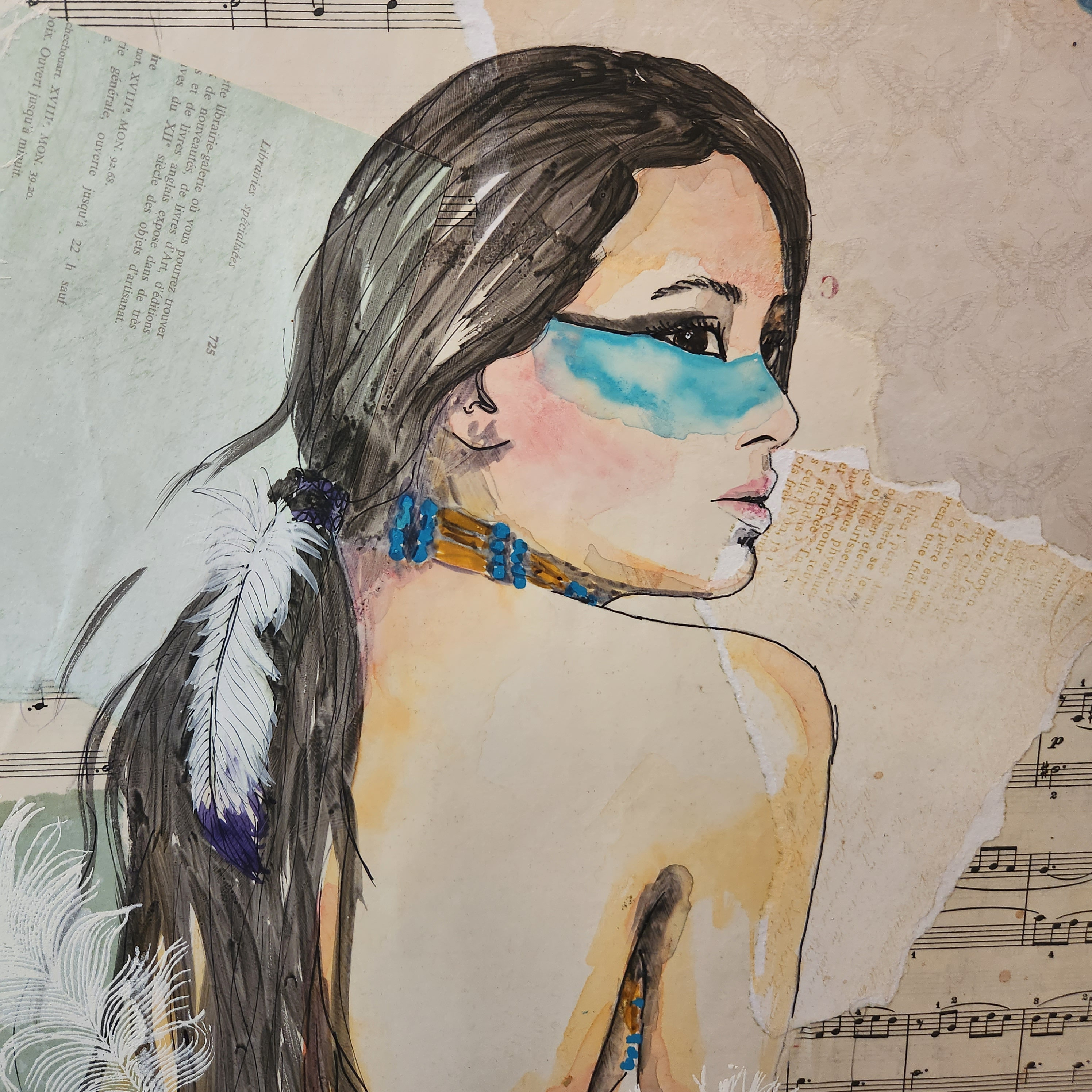 Portrait Native American Girl Watercolor Collage Painting 16"x20" on ...