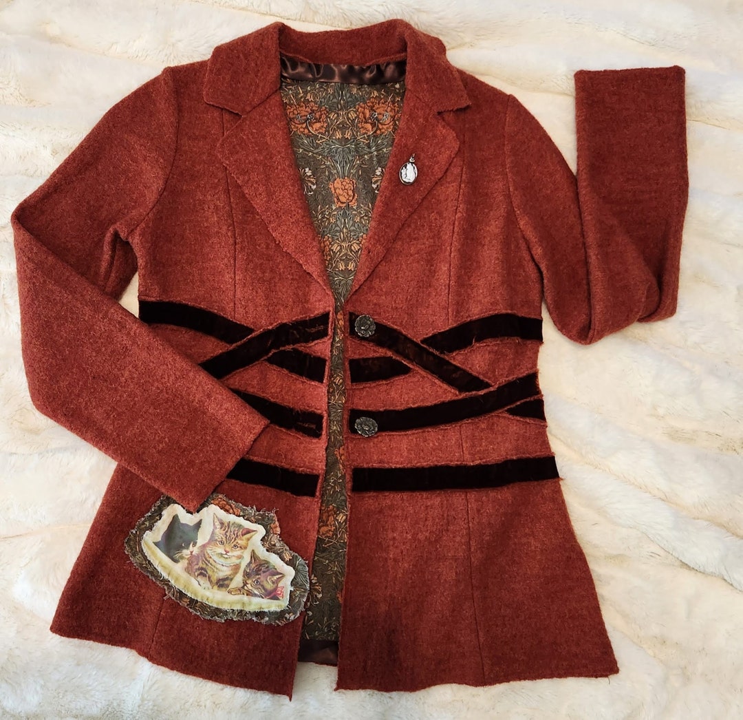 Wearable Art Embellished Wool Jacket Size Small Needlework Floral ...