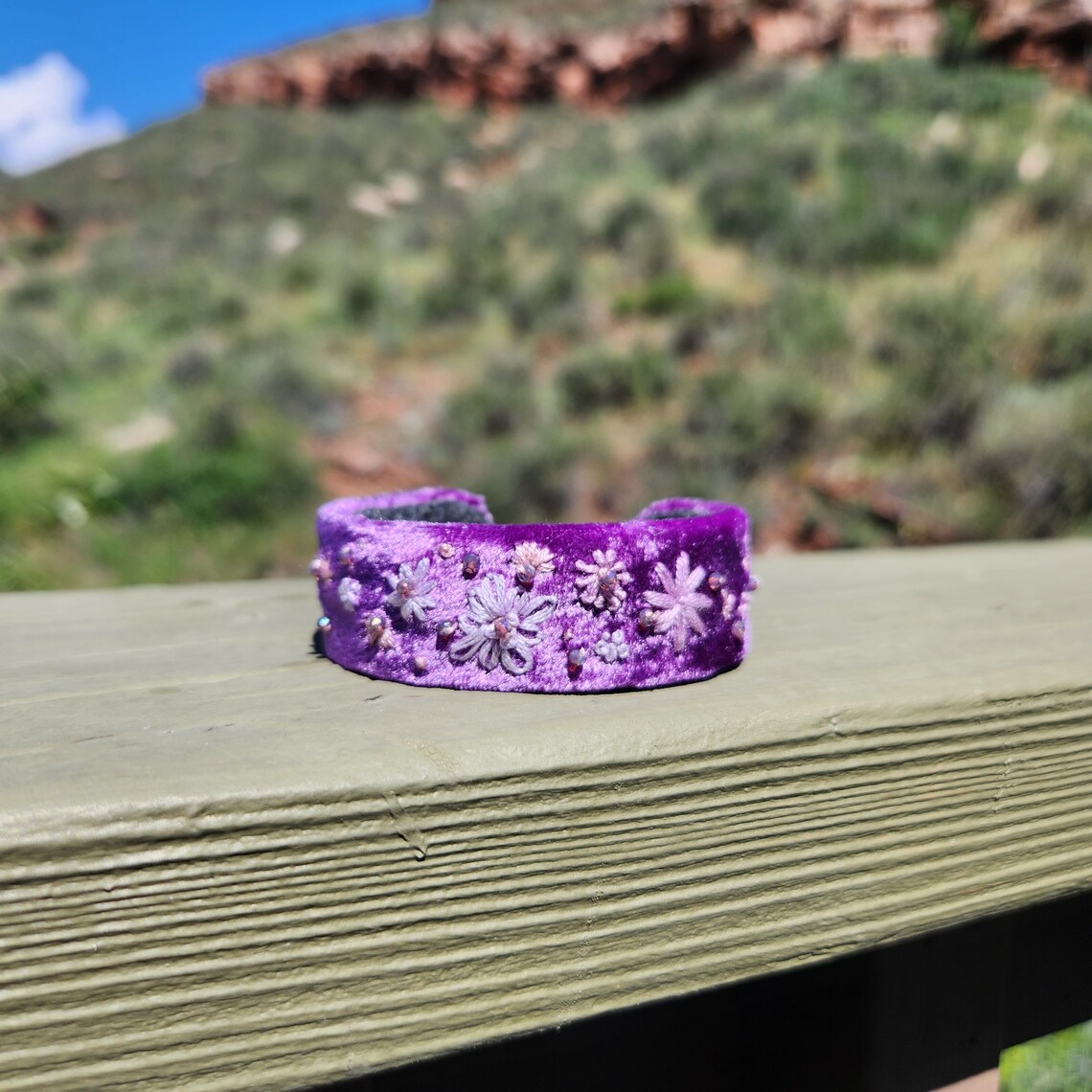 Hand Embroidered Bracelet Cuff Flowers on Purple Silk Velvet With ...