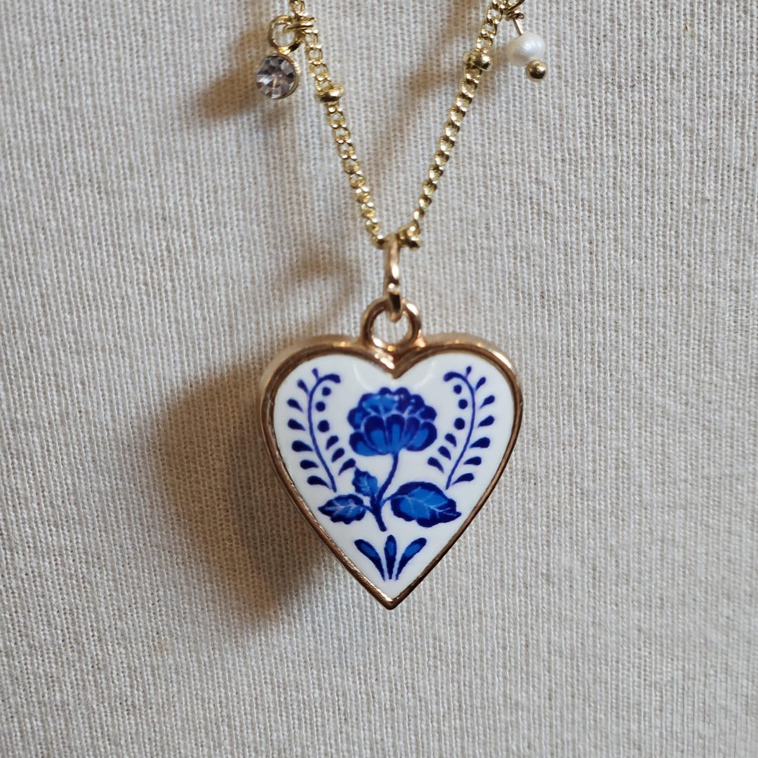 Dainty Blue Floral Heart With Jeweled Pearl Bead Chain - Etsy