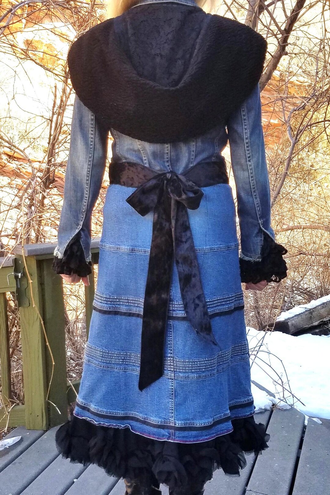 Hooded Blue Jean Jacket Long Duster, Gothic Victorian Steampunk Style ...
