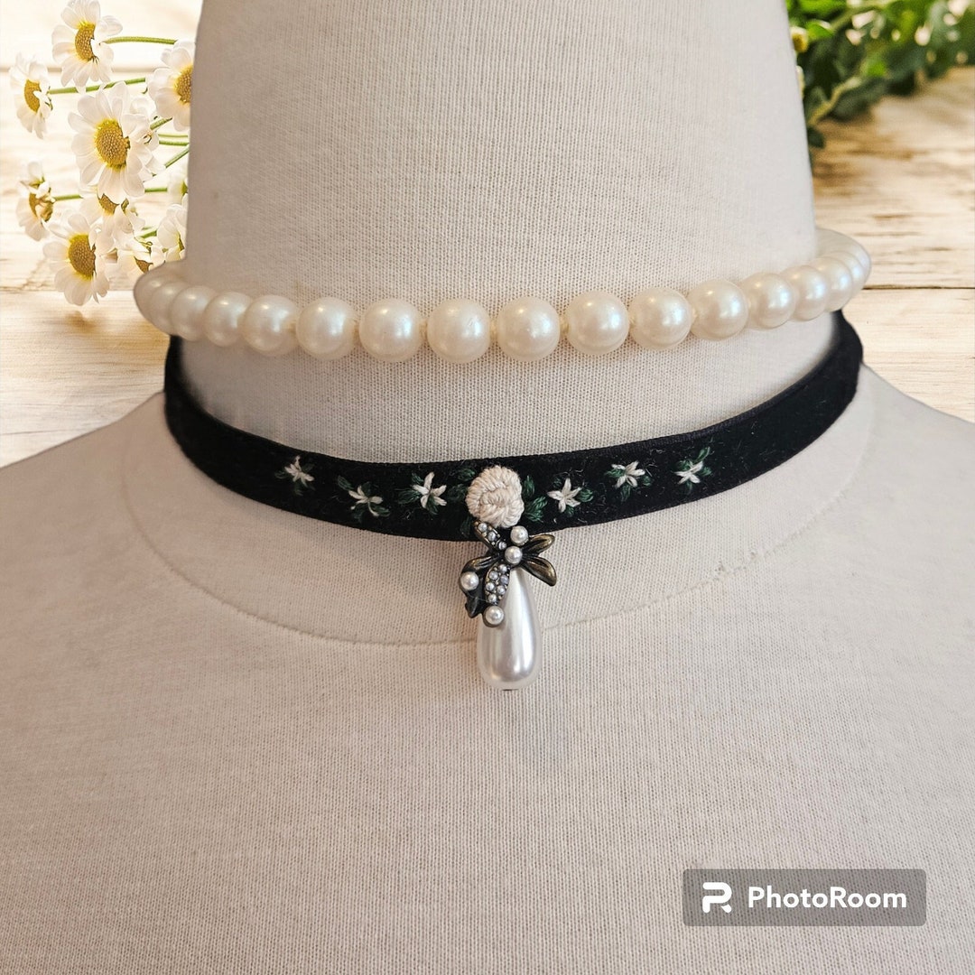 Velvet Hand Embroidered Choker Necklace White Rose Pearl - Etsy