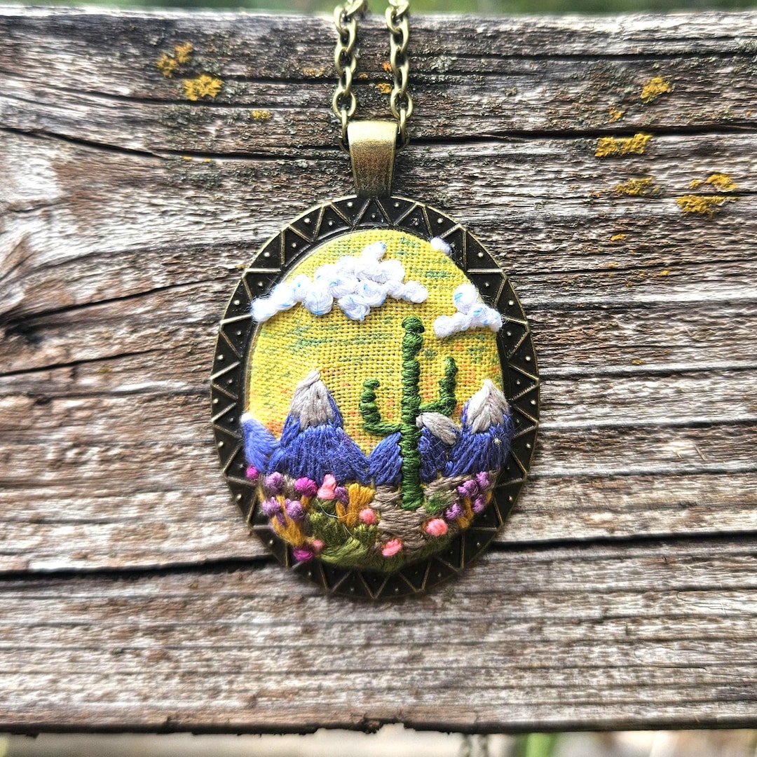 Hand Embroidered Desert Scene Saguaro Cactus Pendant Necklace - Etsy