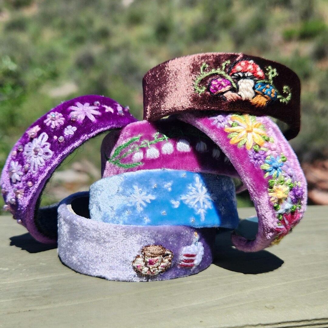 Hand Embroidered Bracelet Cuff Flowers on Purple Silk Velvet With ...