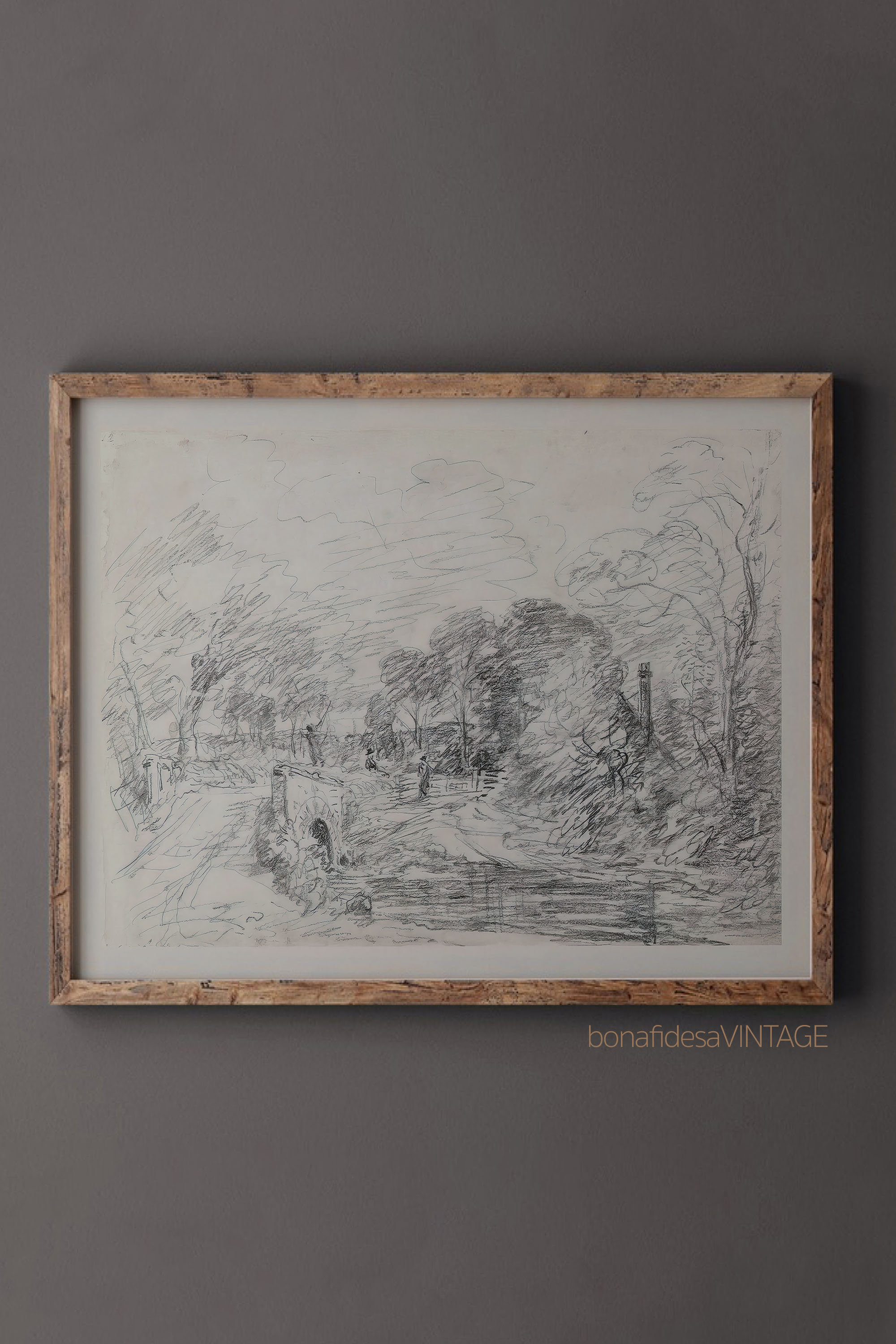Landscape Charcoal Drawing - Vintage Fine Art Print - Antique ...