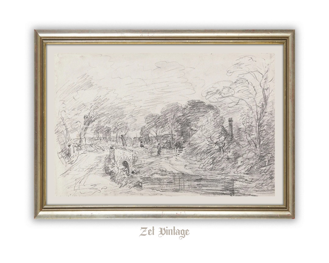 Landscape Charcoal Drawing Vintage Fine Art Print Antique - Etsy