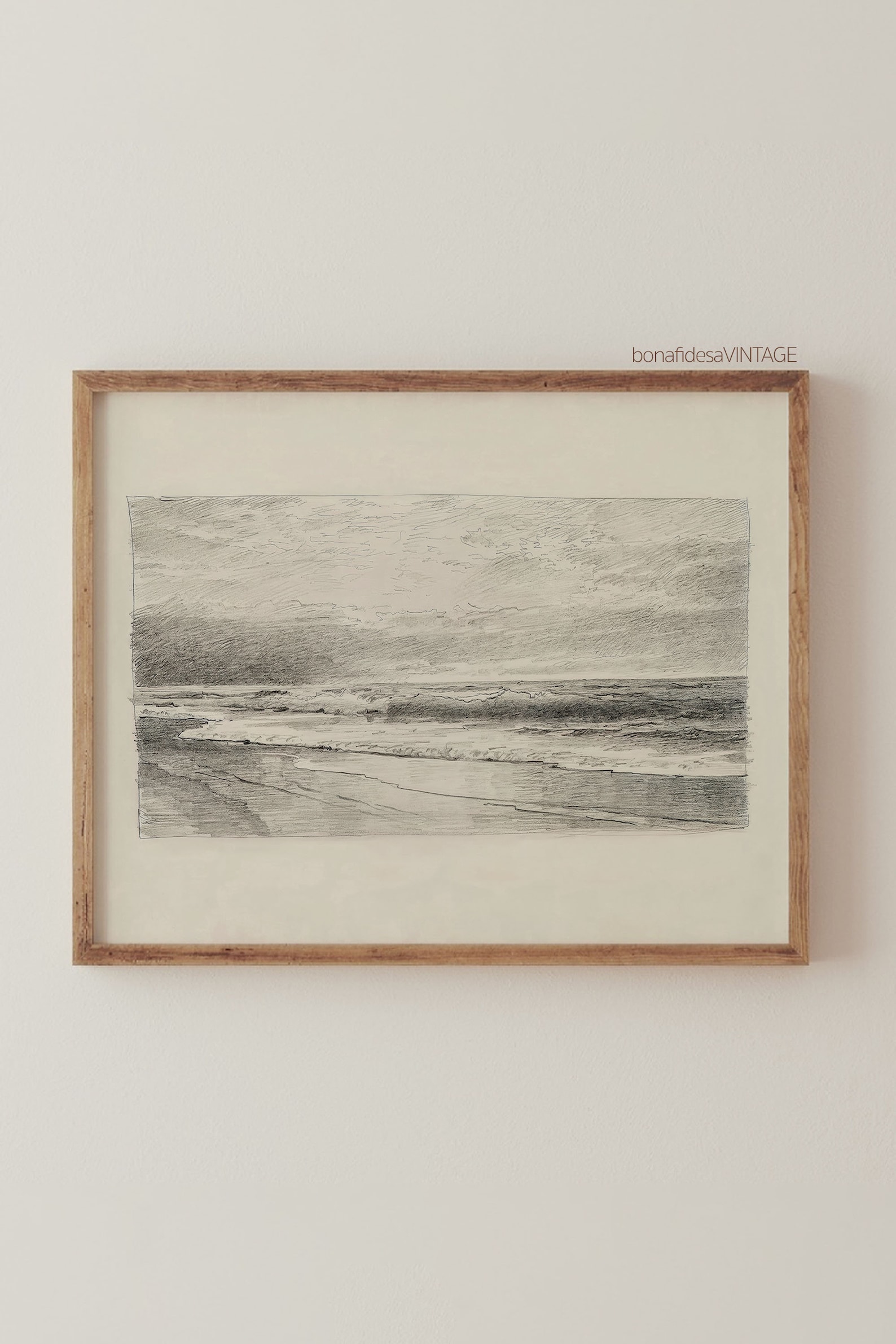 Vintage Seascape Drawing - Charcoal Coastal Print - Antique Beach ...